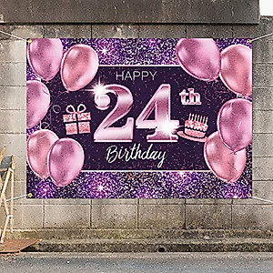 PAKBOOM Happy 24th Birthday Banner Backdrop - 24 Birthday Party Decorations Supplies for Women Her - Pink Purple Gold 4 x 6ft