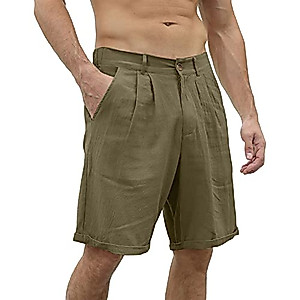 Mens Shorts Elastic Waistband White Linen Pants Men 2023 Casual Buckle Zipper Summer Beach Shorts Classic-Fit Pleat Front Shorts with Pockets Men Shorts Pack Long Army Green S