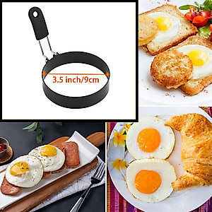 3.5 Inch Egg Rings for Frying Eggs and English Muffins, Stainless Steel Egg Rings with Foldable Handle 2 Pack, Round Egg Mold Circle Shaper with Extra Oil Brush for Cooking Breakfast Sandwich Burger