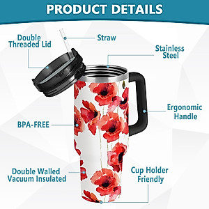 Yasala Car Tumbler with Handle Poppy Watercolor Travel Mug Coffee Cup Insulated Beverage Container Mega Cup for Hot Cold Drinking Thermos Water Bottle Cupholder Friendly 40 oz