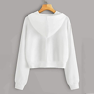 Women's Casual Drawstring Zip Up Hoodies Cute Workout Long Sleeve Crop Tops Trendy Lightweight Pockets Sweatshirts White