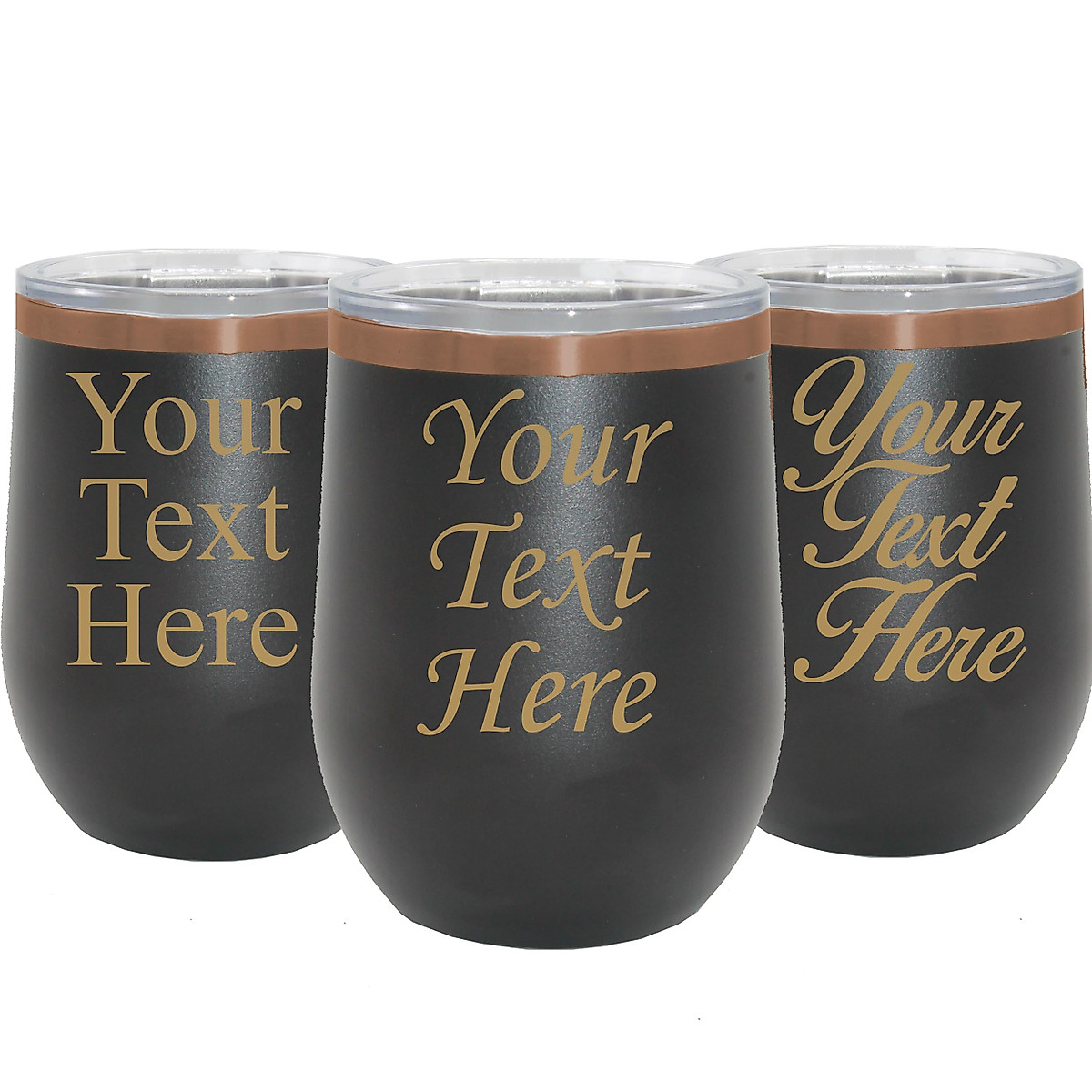 Personalized Insulated Wine Tumbler - Custom Monogrammed Stemless Wine Cup - Your Text Here (Black with Gold)