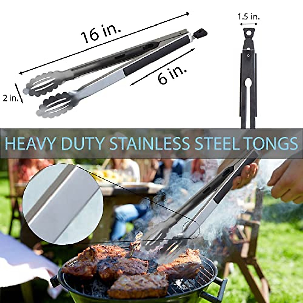 Grill Tongs - Heavy Duty 16in. Stainless Steel Tongs For Grilling, Cooking, Buffets, Etc. - Non-slip Grip And Well Aligned Scalloped Pincers For Precise Control And Better Handling Of Delicious Food