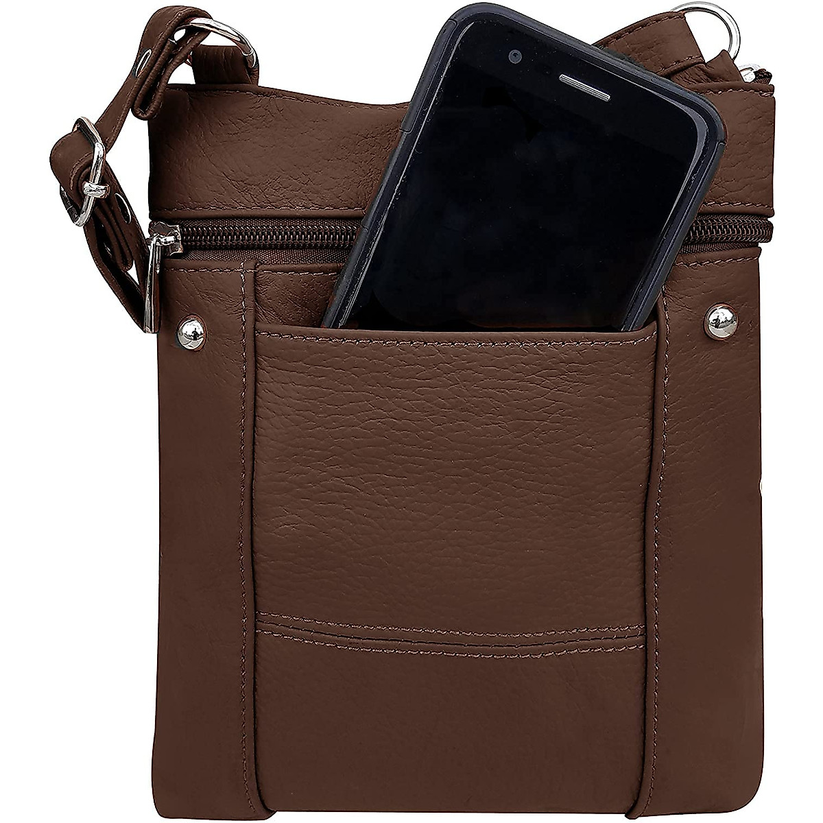 Roma Leathers Genuine X-Large Crossbody Purse, Multi-Pocket, Adjustable Strap, XL, Brown