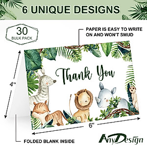 AnyDesign Woodland Thank You Cards with Envelopes Stickers Safari Jungle 30 Pack Watercolor Forest Animals Greenery Greeting Note Cards for Kids Girls Boy Children Birthday Baby Shower Party Supplies