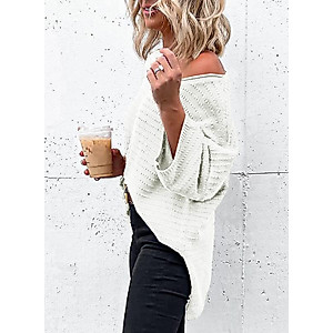 Dokotoo Womens Fashion Juniors Fall Summer Shirts and Blouses for Women 2023 Sweaters T-Shirts Off Shoulder 3/4 Sleeve Tunic Tops Loose Tee Shirts Beige Medium