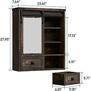 Bathroom Wall Cabinet, Farmhouse Medicine Cabinet with Sliding Mirror Door and Adjustable Shelves, Over The Toilet Space Saver Storage Cabinet with Towels Bar, Wall Mounted Cupboard