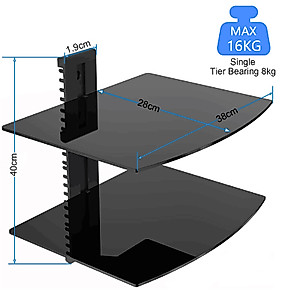 suptek Glass Floating Shelves, TV Wall Mount with Shelf for DVD Player / PS4 / Cable Boxes/Game Consoles/Sky Box/TV Accessories, Media Shelf, Flat Black Wall Mount Bracket, AV Shelf, 2 Tiers Shelves