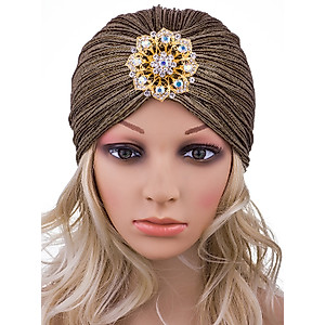 Vijiv Women's Vintage Lurex Knit Turban Beanie Hats Headwraps for 1920s Cocktail Party Gold