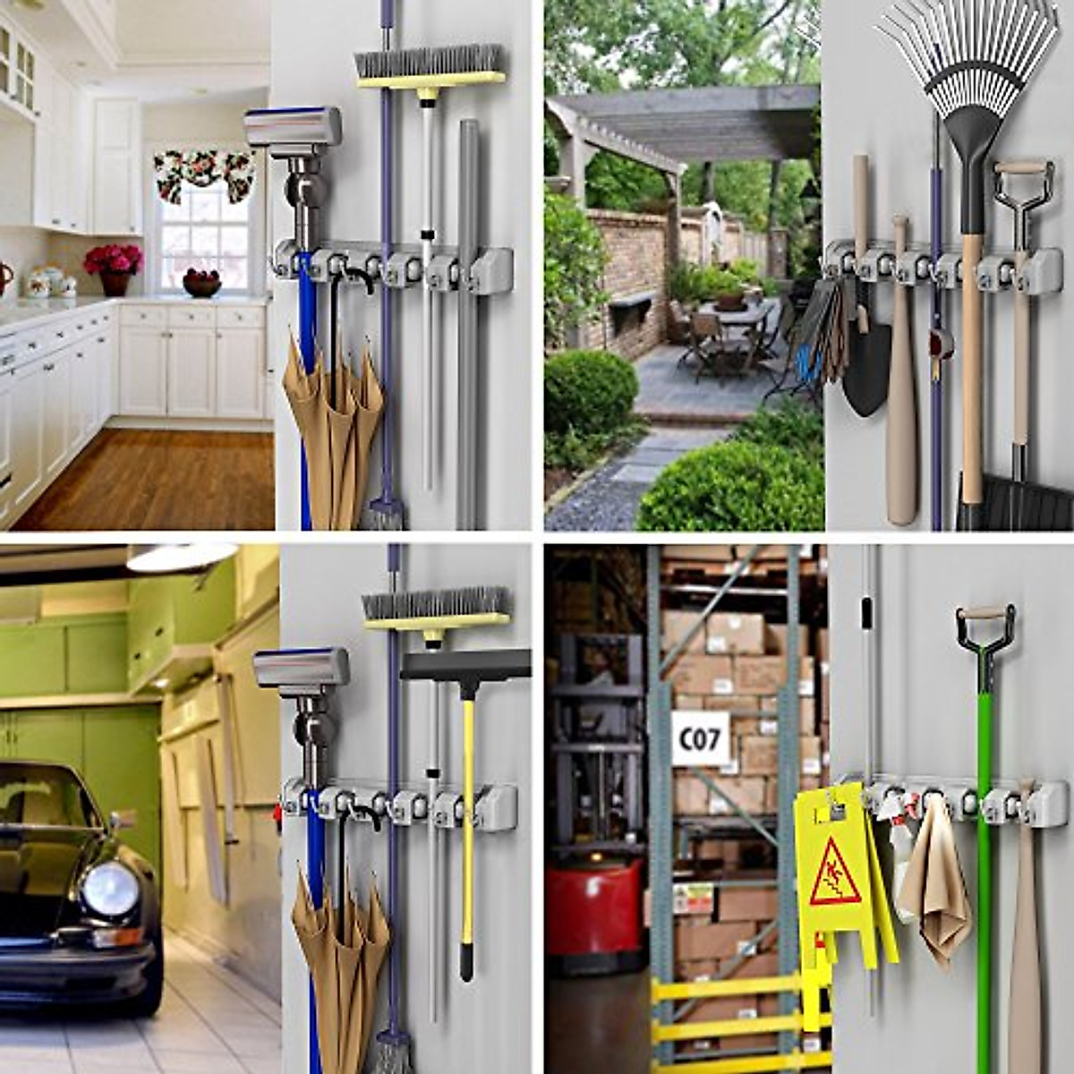 Shovel, Rake and Tool Holder with Hooks- Wall Mounted Organizer for Garage, Closet, or Shed-Hang Home and Garden Tools-Space Saving Rack by Stalwart