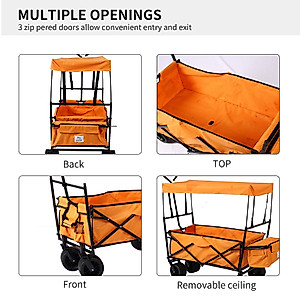 Heavy Duty Collapsible Cart, Foldable Cart Outdoor Utility Wagon w/4 * 7'' All-Terrain Wheels & Adjustable Handle & Extra Canopy & 2 Mesh Bags for Camping Fishing, Dog Wagon (Orange)