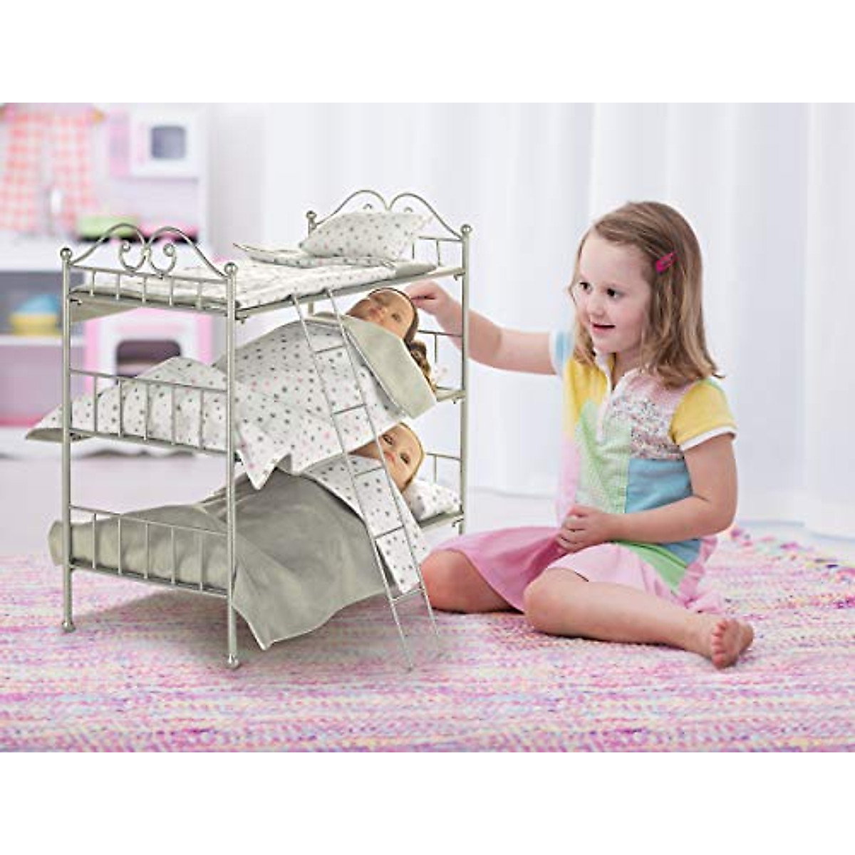 Badger Basket Toy Scrollwork Metal Triple Doll Bunk Bed with Ladder and Bedding for 18 inch Dolls - Silver/Pink