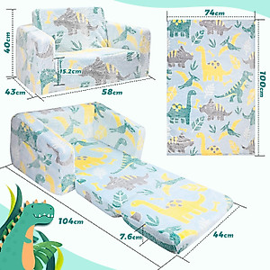 Kirumie Fold Out Kids Sofa Couch, Children 2 in 1 Convertible Sofa to Lounger, Flip Out Sofa Chair with Blanket, Glow in The Dark Dinosaur Theme Toddler Sofa, Sofa Bed Toddler Chairs for Boys Girls