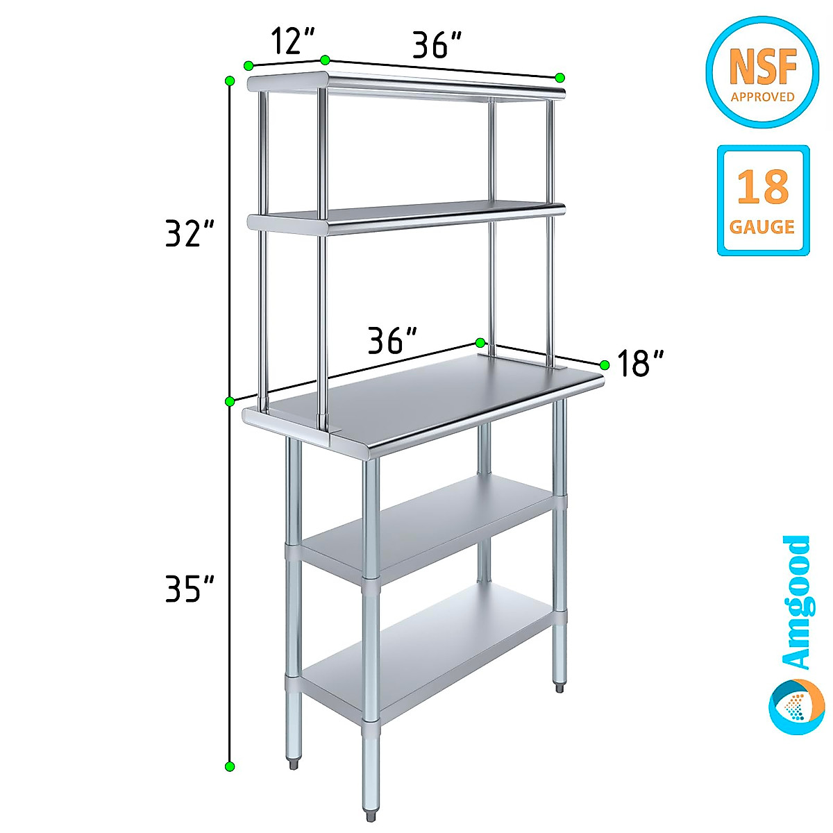 Amgood Stainless Steel Work Table with 2 Shelves | Metal Kitchen Prep Table & Shelving Combo (18" x 36" Table with 2 Shelves + 12" Overshelf)