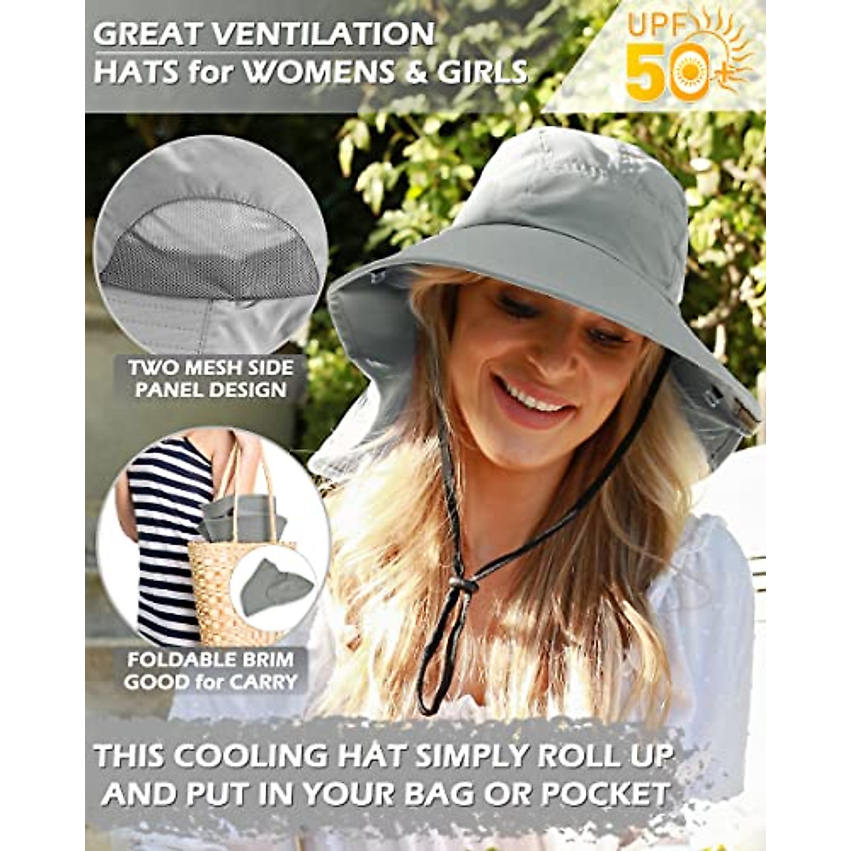 Wide Brim Sun Hat with Neck Flap, UPF 50+ Hiking Safari Fishing Caps for Men and Women Gray