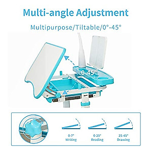 Gowxil Kids Study Desk and Chair Set, Multi Functional Height Adjustable Children School Study Desk with Tilt Desktop, Bookstand, LED Light, Metal Hook and Storage Drawer for Boys Girls, Blue