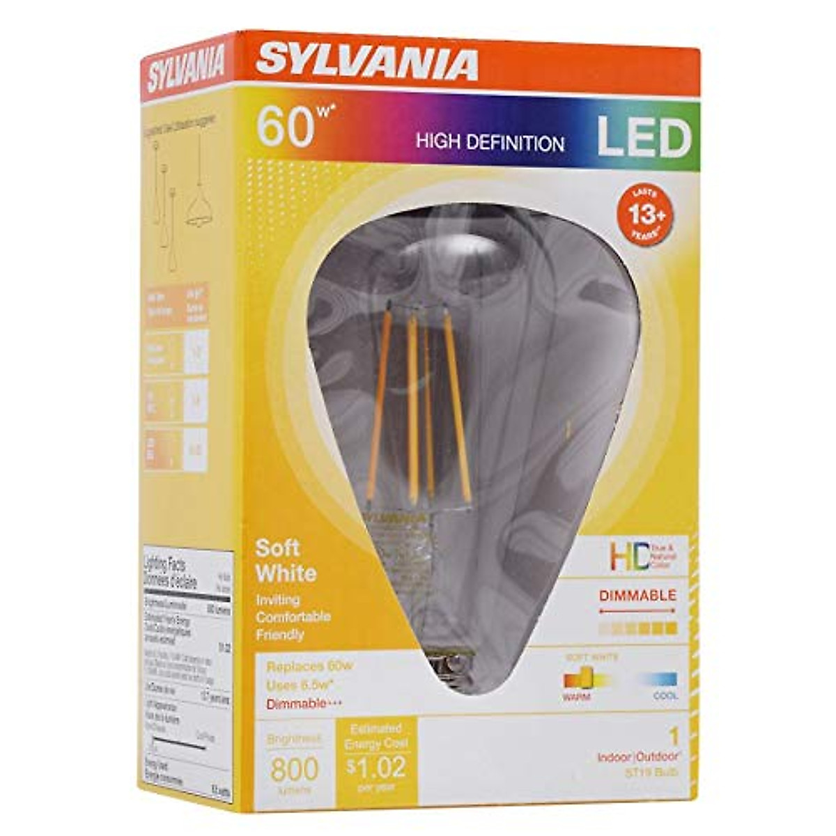 SYLVANIA LED Filament Light Bulb, ST19 Edison, 60W Equivalent, Efficient 8.5W, 13 Year, Dimmable, 800 Lumen, Clear Finish, 2700K, Soft White - 1 Pack (40255)