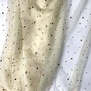 levylisa Glitter Star Moon Sequin Tulle Net Yarn for Tutu Skirts Sewing Birthday Wedding Party Decoration, 59” by 5 Yards (Beige)