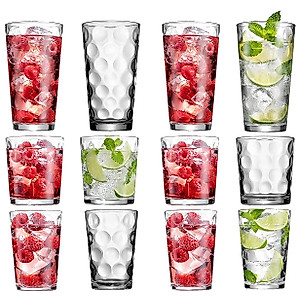 Set of 12 Elegant Everyday Stackable Drinking Glasses - Includes 4-17oz Highball Tumbler Glassware, 4-13oz DOF Rock Glasses, 4-7oz Juice Glasses for Mixed Drinks, Water, Beer, Wine.