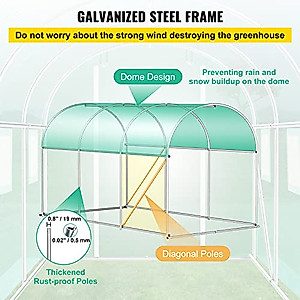 VEVOR Walk-in Tunnel Greenhouse, 10 x 7 x 7 ft Portable Plant Hot House w/ Zippered Door, 6 Roll-up Windows, Galvanized Steel Hoops, 1 Top Beam, and 2 Diagonal Poles, Green