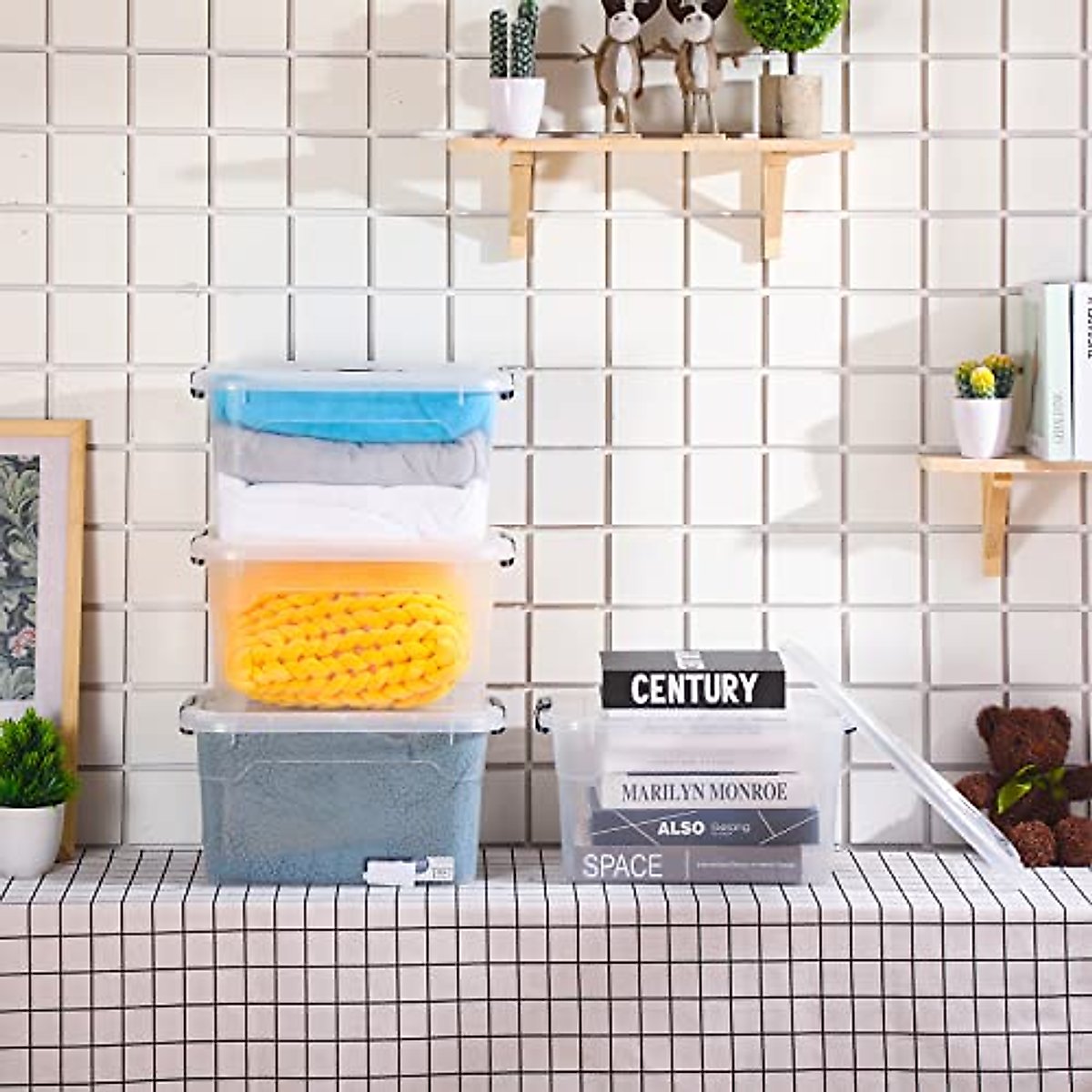 Sadnyy 4 Pack Clear Plastic Storage Latch Box Stackable Plastic Storage Bins with Latching Lids and Wheels Clear Large Storage Boxes Organizing Container for Home Garage Closet Classroom (17 Quart)