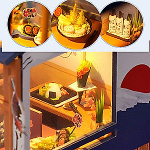 SYW Miniature Dollhouse with Furniture and LED Lights, Japanese Model Kit Wooden Dollhouse, 1:24 Scale Wooden Handmade Building Model Puzzle Toy(Sushi Shop)