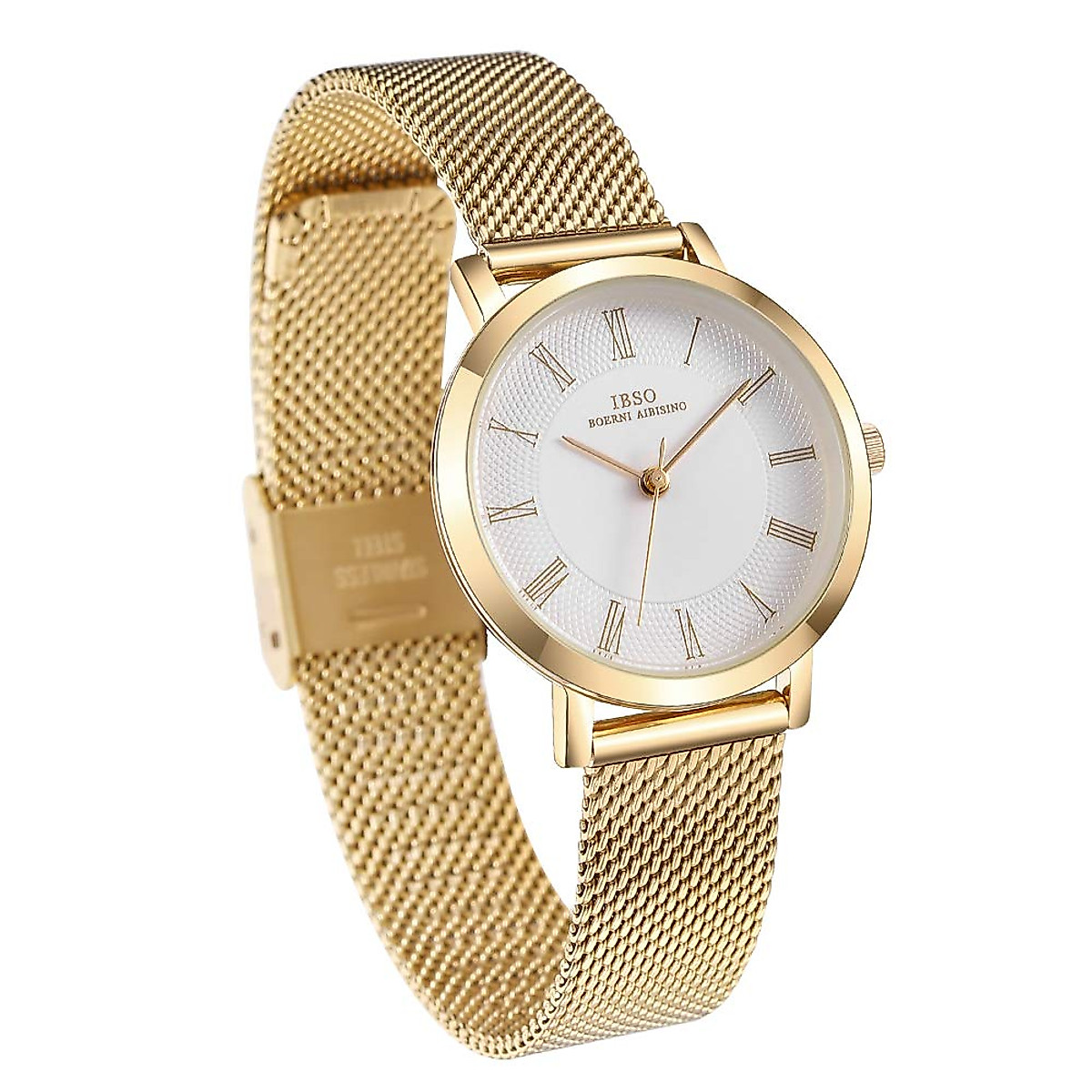 IBSO Women Stainless Steel Band Watches Ladies Quartz Wristwatches Waterproof Mesh Bracelet Watch Relogio Feminino (3636 Gold)