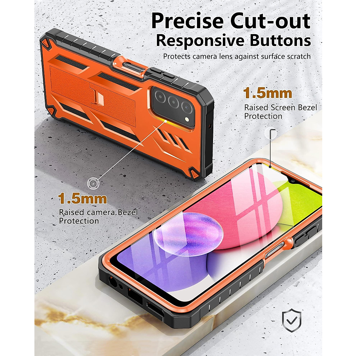 for Samsung Galaxy A03S Phone Case: Built in Hard Kickstand & Touch Protector Military Shockproof TPU Sturdy Soft Rugged Heavy Duty Armor Full Body Protection Grade Phone Cover - Orange