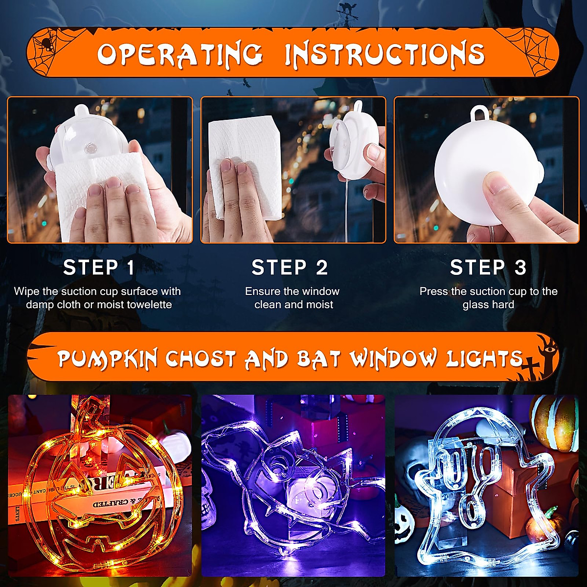 PISKEKAT Halloween Decorations, 3 Pack Orange Pumpkin, White Ghost, Purple Bat Halloween Window Lights with Suction Cup & Hooks, Battery Operated Indoor Lights for Halloween Window Decorations