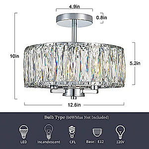 KARMIQI Crystal Flush Mount Ceiling Light 13 Inch Drum Semi Chandelier Flush Mount Light Fixture for Chrome Finish Ceiling Lamp for Dining Room Bedroom Kitchen Island Hallway Entryway