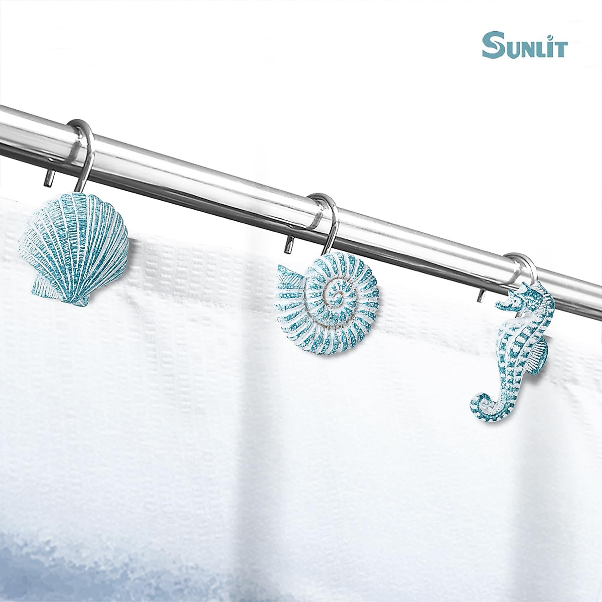 Sunlit 12-Piece Aqua Blue Resin Shower Curtain Hooks, Ocean Creatures Coastal Design, Nautical Bathroom Decoration
