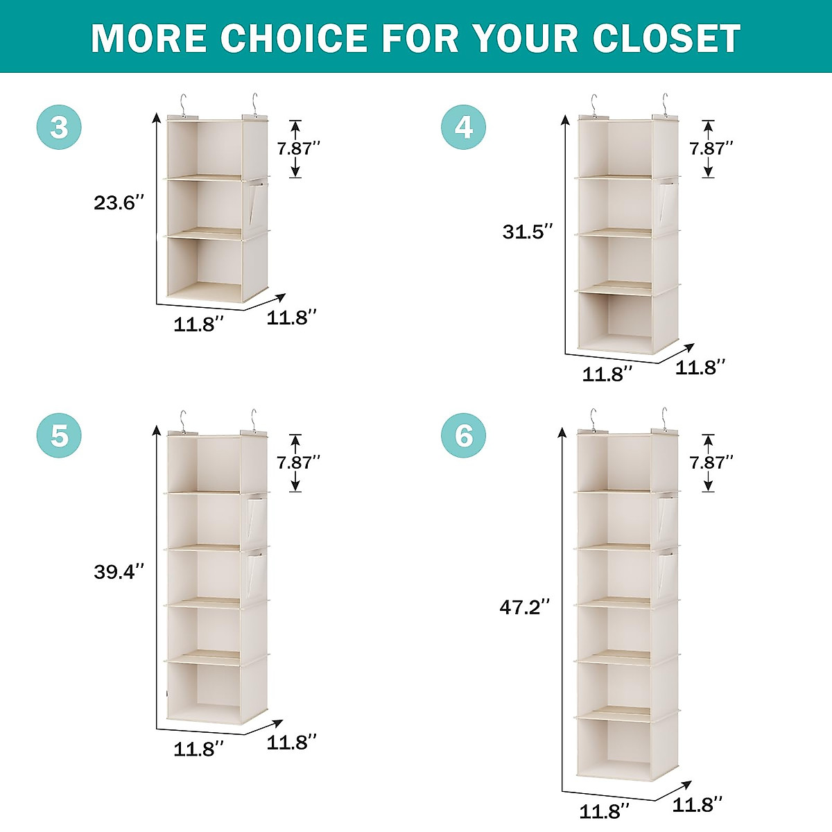 YOUDENOVA Hanging Closet Organizer, 4-Shelf Closet Hanging Storage Shelves, Beige