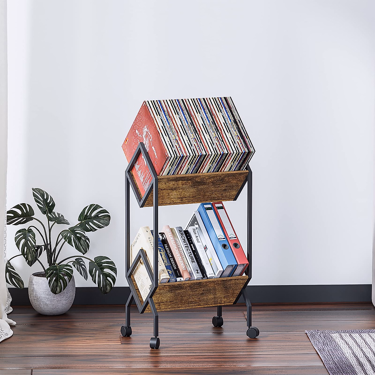 Giikin 2-Tier Vinyl Record Storage Holder, Holds up to 160-200 LPs, Mobile Metal and Wooden Vinyl Record Organizer Stand with Casters, Storage, Protects Vinyl - Organize Albums - Book, Magazine, Files