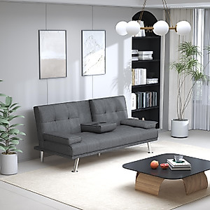 66'' Convertible Futon Sofa Bed Modern Folding Small Couch Bed Linen Fabric, Recliner Lounge Sofa for Living Room with 2 Cup Holders, Removable Armrests, Sleeper Loveseat, Futon Set (Black+ Gray)