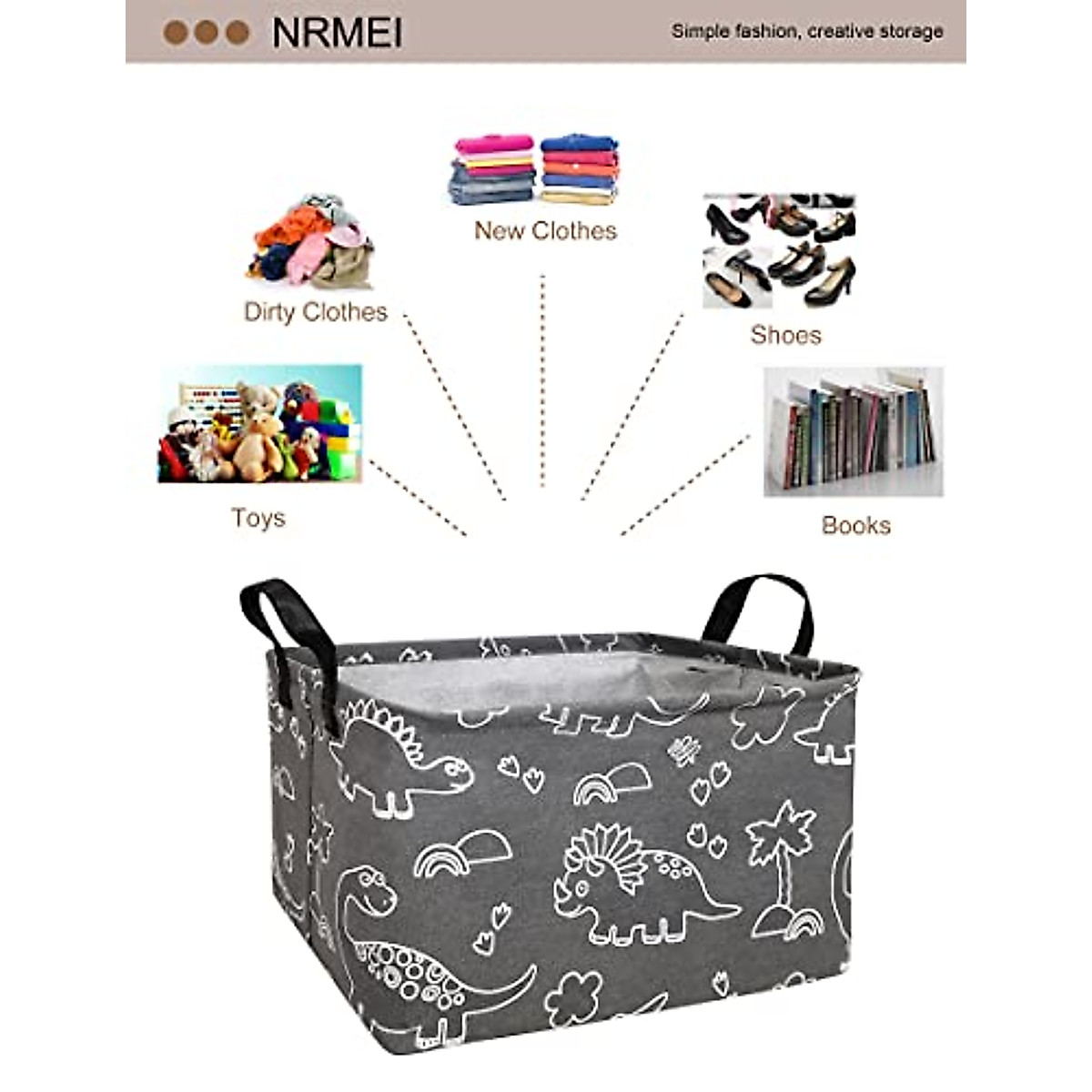 NRMEI Rectangle Storage Bin Toy Organizer Foldable Waterproof Coating Nursery Hamper for Living Room Bedroom and Clothes Toys(Rec Line Dinosaur)
