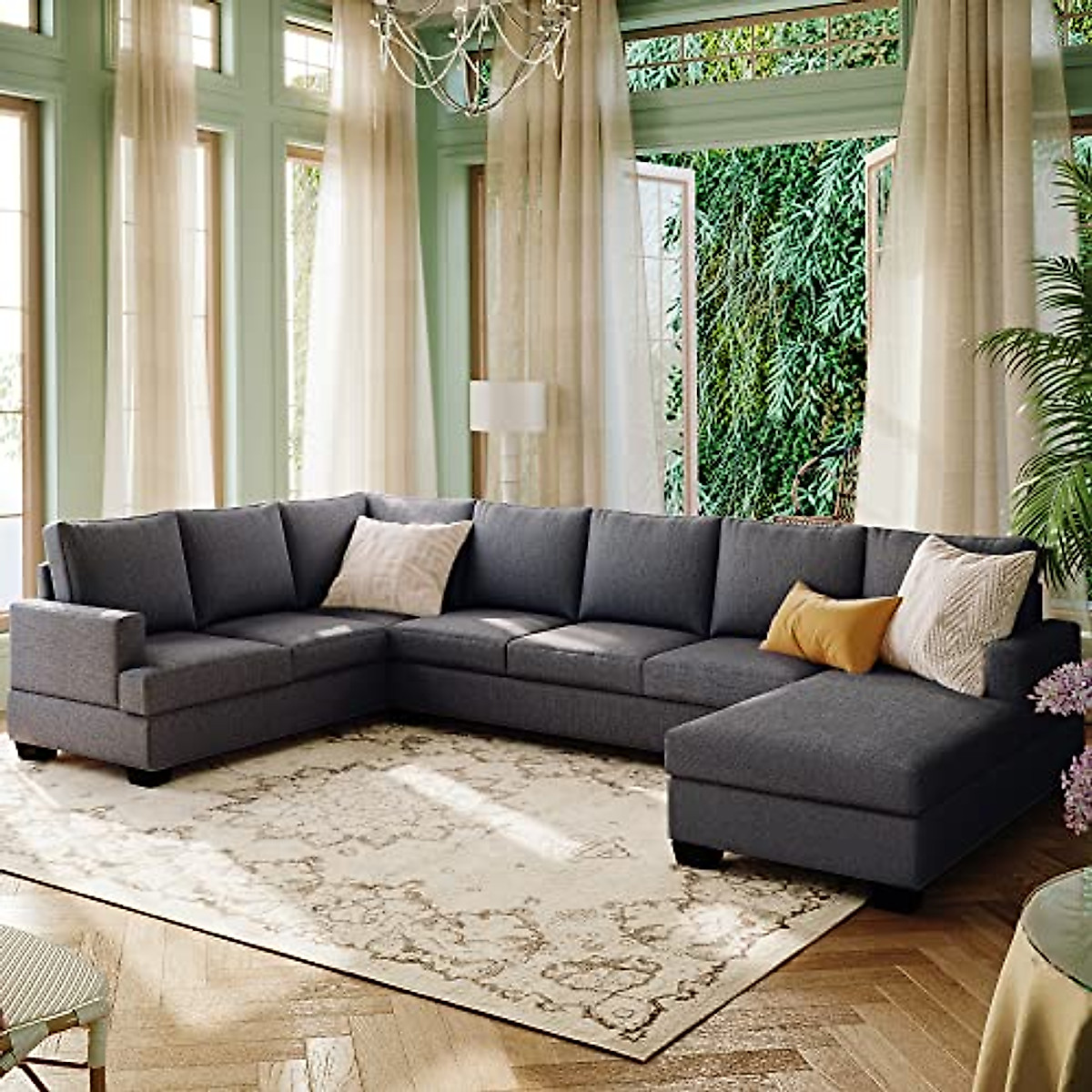 Verfur 125.6" U Shaped Sectional Chaise Lounge, Oversized Deep Seater Corner Sturdy Wood Legs and Frame, Linen Upholstered Sofa & Couches for Large Living Room Furniture, Gray NO Pillows