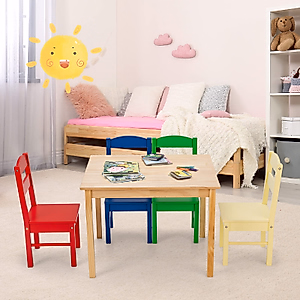 KOTEK Kids Wood Table and 4 Chair Set, Children Multi Activity Table for Learning, Playing, Drawing, Toddler Picnic Table and Chairs Set for Home, Classroom and Daycare (Assorted)