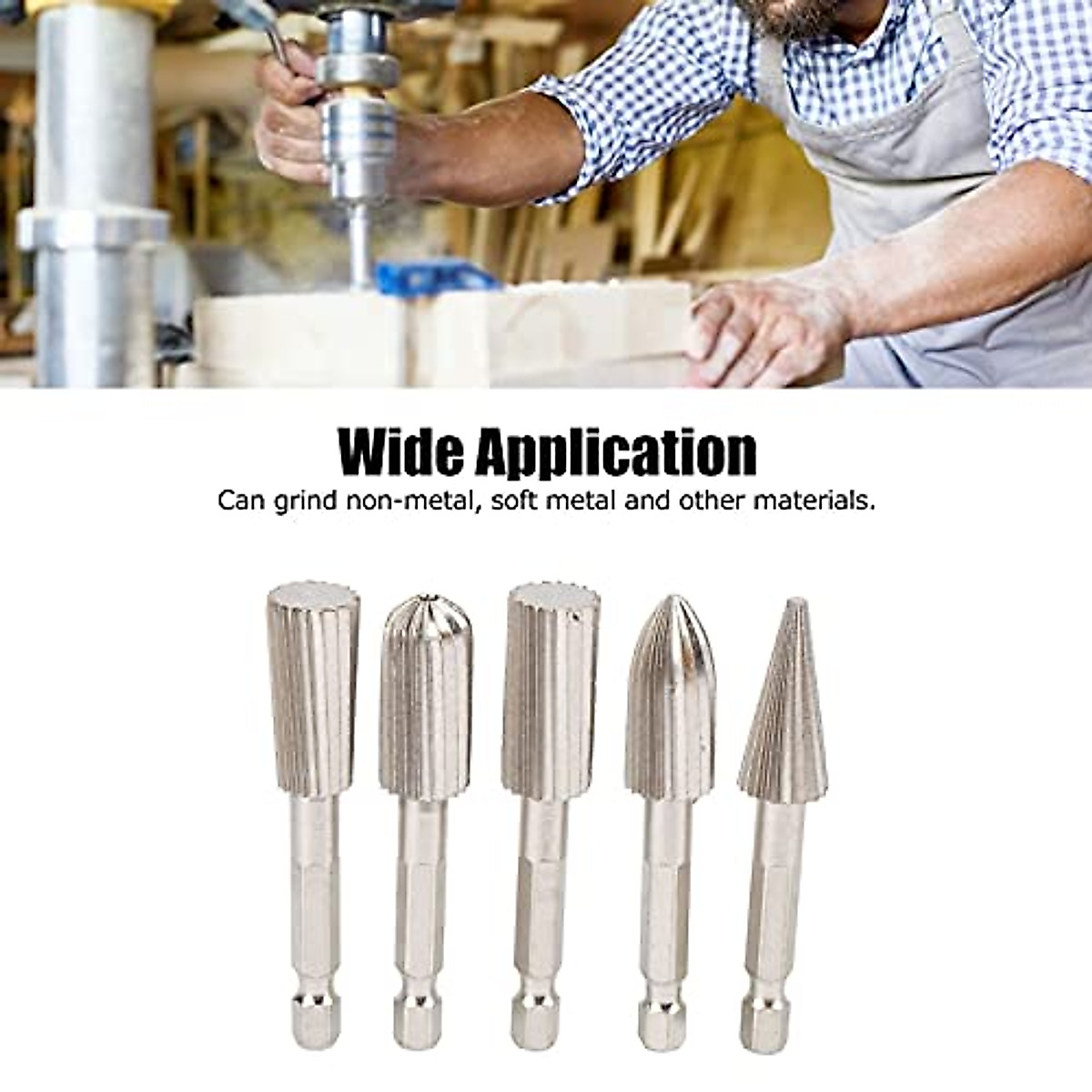 Wisoqu 5Pcs Rotary File Cutting Burrs,14in Hex Shank Double Cut Metal Grinder Drill Bit Set High Speed Steel Rotary File Set,for Carving Polishing