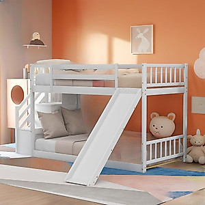SOFTSEA Twin Over Twin Floor Bunk Bed with Slide and Stairs Wooden Bunk Beds for Kids, No Box Spring Needed(White)