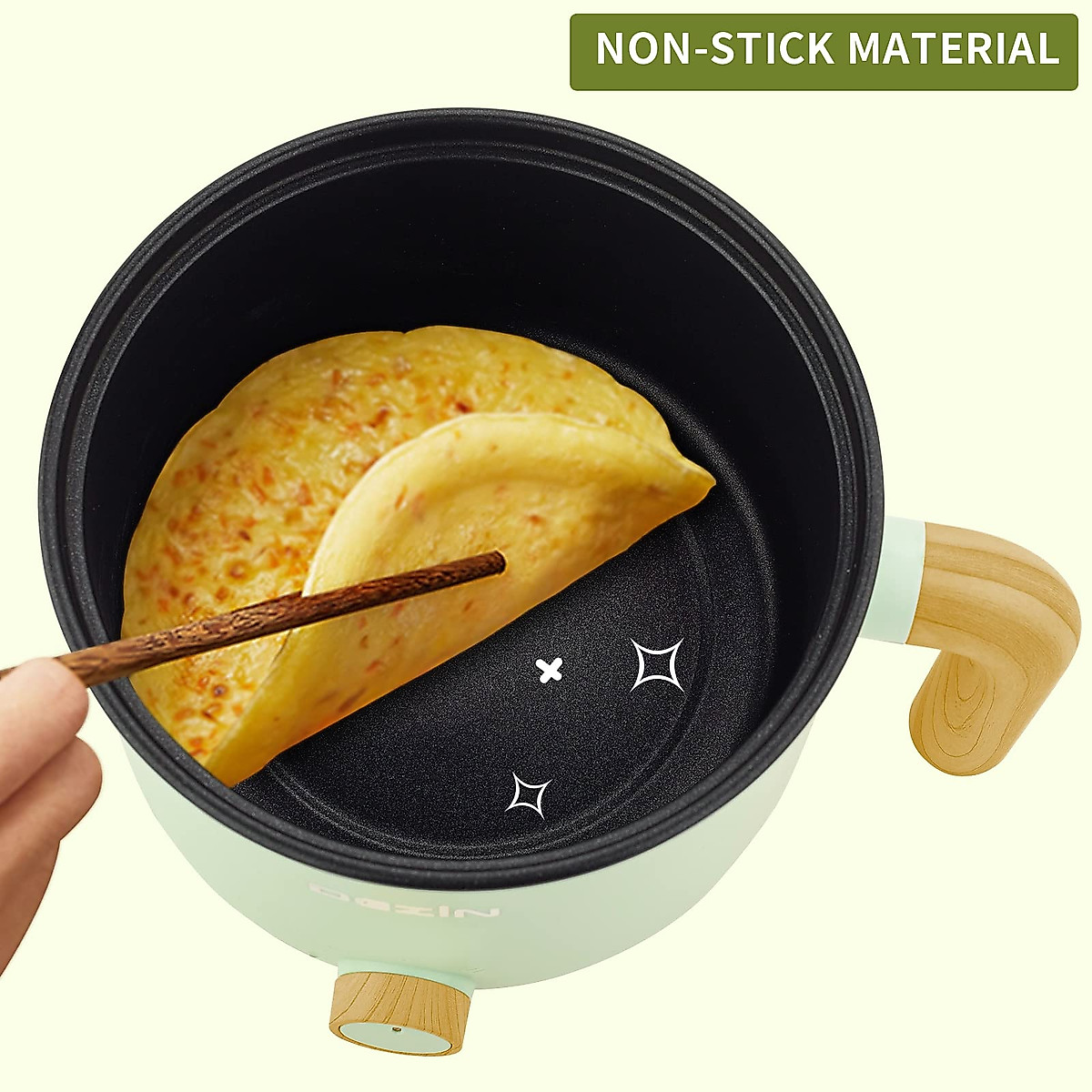 Dezin Hot Pot Electric, 1.5L Portable Ramen Cooker with Nonstick Coating, Mini Hot Pot for Dorm/Office/Travel, Multi-Function Hot Pot for Stir Fry, Steak, Noodles, Soup, Pasta (Egg Rack Included) (Green / Nonstick)