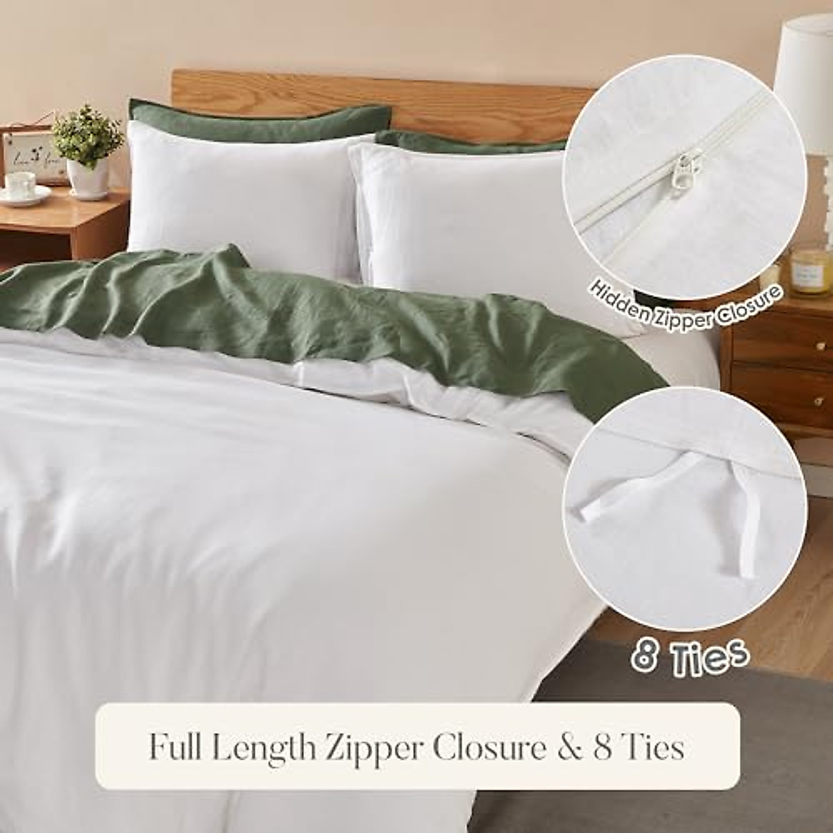 DAPU 100% Linen Duvet Cover Set - Pure Natural French Flax Linen with 8 Corner Ties and Zipper Closure Soft Breathable Durable for Hot Sleepers 1 Duvet Cover 2 Pillowcases (White, Queen)