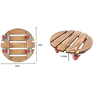 2 Pack Plant Caddy Wooden 12 Inch Plant Stand with Wheels Heavy Duty 330lbs Capacity, Rolling Plant Stand Round Potted Dolly Rollers Cart with Metal 360° Lockable Casters for Flower Pot Outdoor Indoor