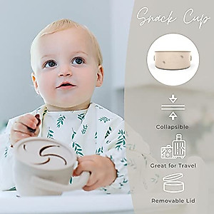 Little Keegs Baby Feeding Set - Baby Must Haves Gift Set - Baby Led Weaning Supplies - Toddler Silicone Feeding Set - Suction Baby Bowl, Bib, Snack Cup, Utensils, Baby Plate Set of 8 (Beige)