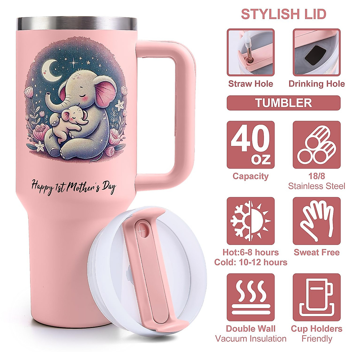 VoziSpace First Mothers Day Gifts – Happy 1st Mother’s Day Tumbler 40oz – Stainless Steel Cup with Lid & Straw – Insulated Coffee Travel Mug for Mom-to-Be, Baby Shower Gifts, New Mom Present