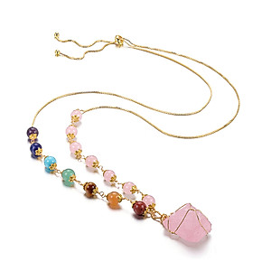 Jovivi Healing Stone Necklaces 7 Chakra Beads Necklace for Women Adjustable 14K Gold Plated Wire Wrapped Raw Rose Quartz Crystal Pendant Necklace Gemstone Jewelry Mothers Day Gift