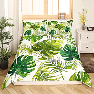 Erosebridal Botanical Leaves Comforter Cover Tropical Bedding Tree Duvet Cover Set Queen Size Green Palm Leaves Bedclothes Jungle Branches Leaf Duvet Cover+ 2 Pillow Shams for Kids Adult Room Decor
