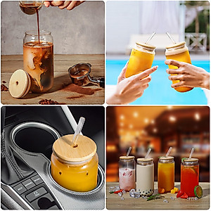 wirsh Drinking Glasses, 4pcs 18oz Can Shaped Glass Cups with Bamboo Lids and Glass Straw,Cute Tumbler Cups for Iced Coffee, Beer, Tea, Coffee Bar Accessories, Giftable