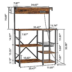 JAMFLY Kitchen Bakers Rack with Power Outlet, Coffee Bar Cabinet, Kitchen Cart, Large Microwave Stands Cart with 6 S-Shaped Hooks, Wine Glass Holder and Basket (35.43'', Rustic Brown)