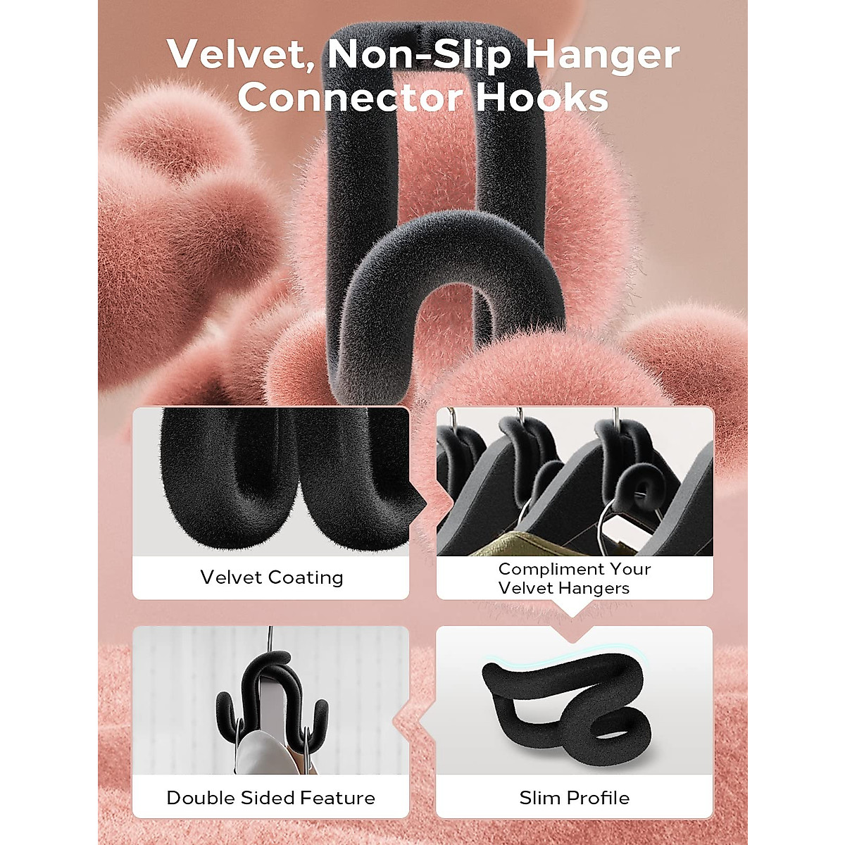 No-Slip Velvet Clothes Hanger Connector Hooks [for Velvet & Multiple Hangers] Space Saving Hanger Hooks Space Saver Hanger Extender Hooks Clothes Hanger Hooks for Clothes Closet Hanger Hooks, 40 PCS