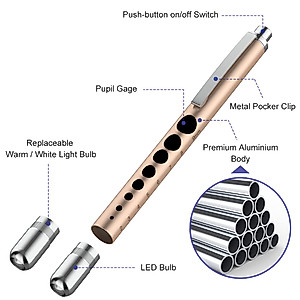 CAVN Pen Light for Nurses Medical with Pupil Gauge, Warm/White Light, Premium Aluminium Reusable Penlights for Doctors Nursing Students Rose Gold and White